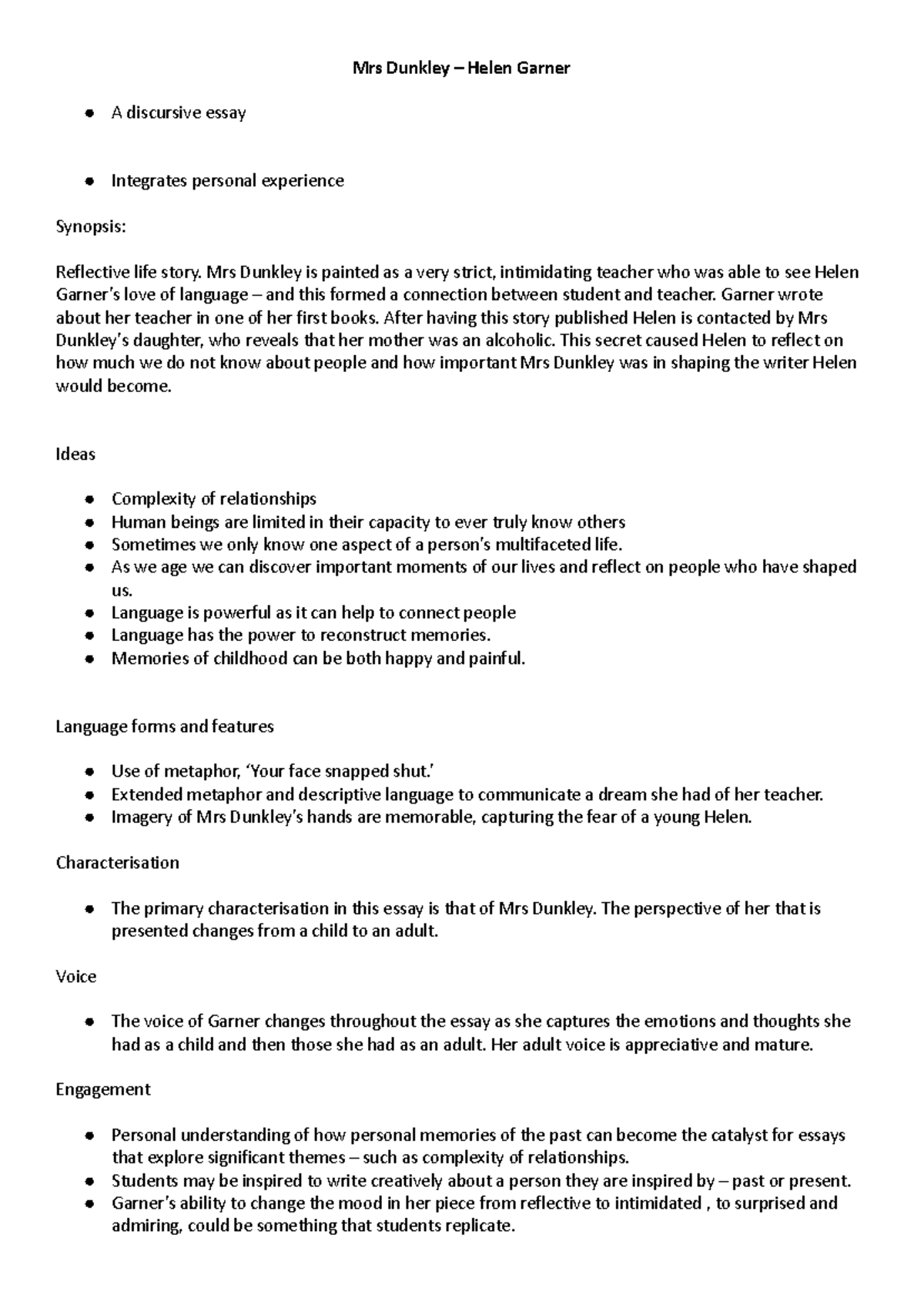 Engaging Notes on "Dear Mrs Dunkley" - Helen Garner Essay Analysis ...