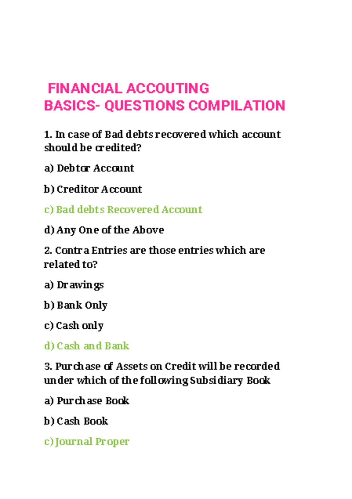 Basic Financial Accounting Q&A Compilation for CAT Study - Studocu