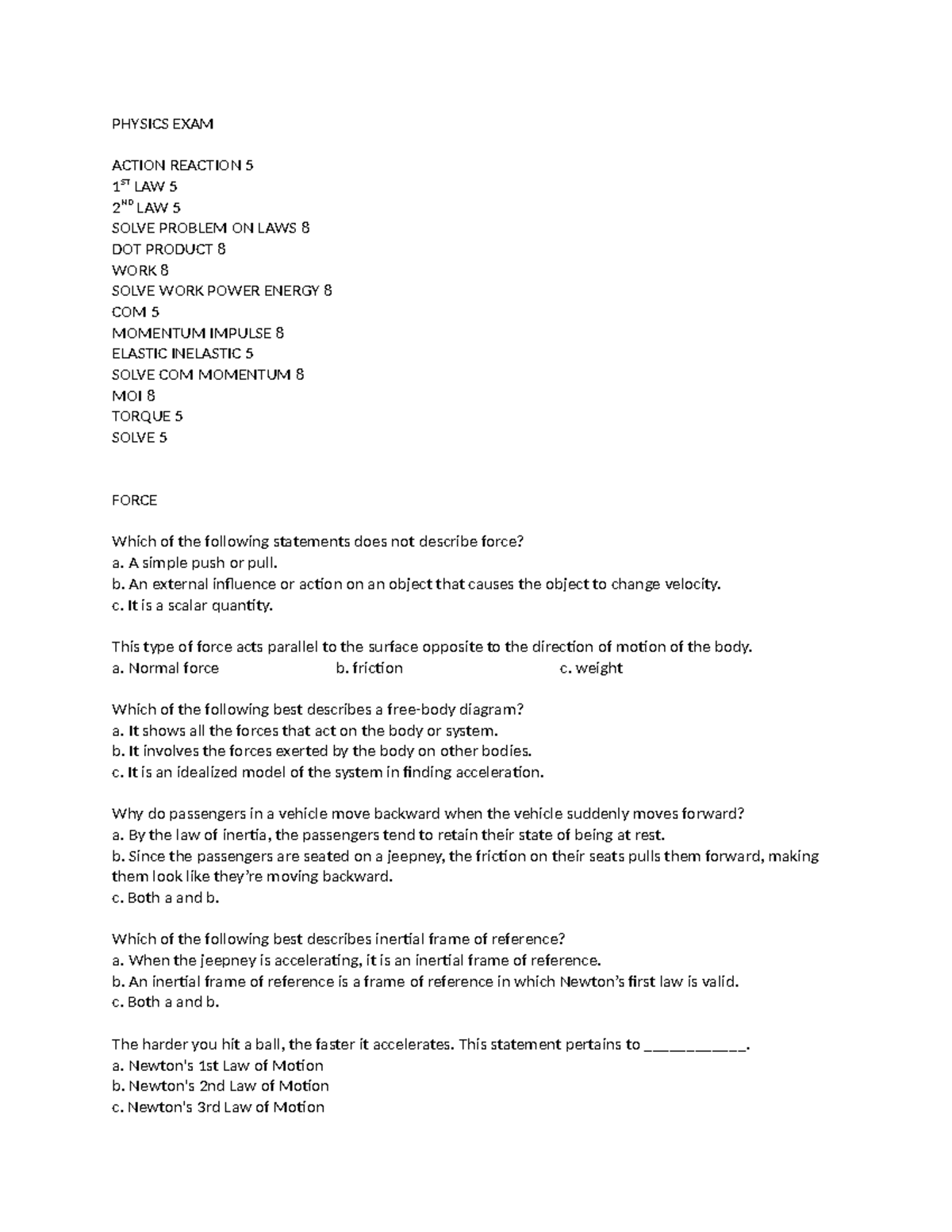 Physics EXAM - PHYSICS EXAM ACTION REACTION 5 1 ST LAW 5 2 ND LAW 5 ...
