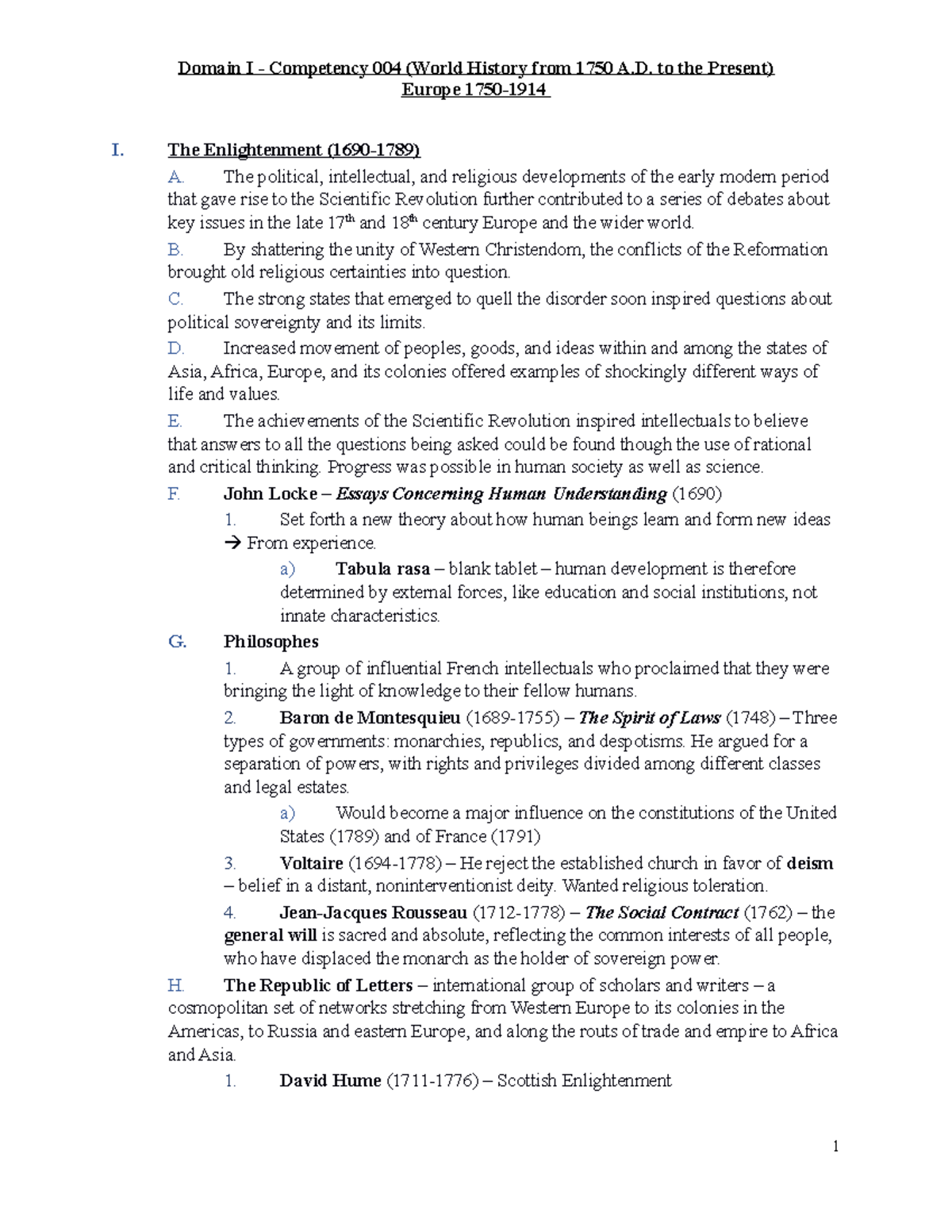 Capstone Notes 1750-1914 - Europe 1750- I. The Enlightenment (1690-1789 ...
