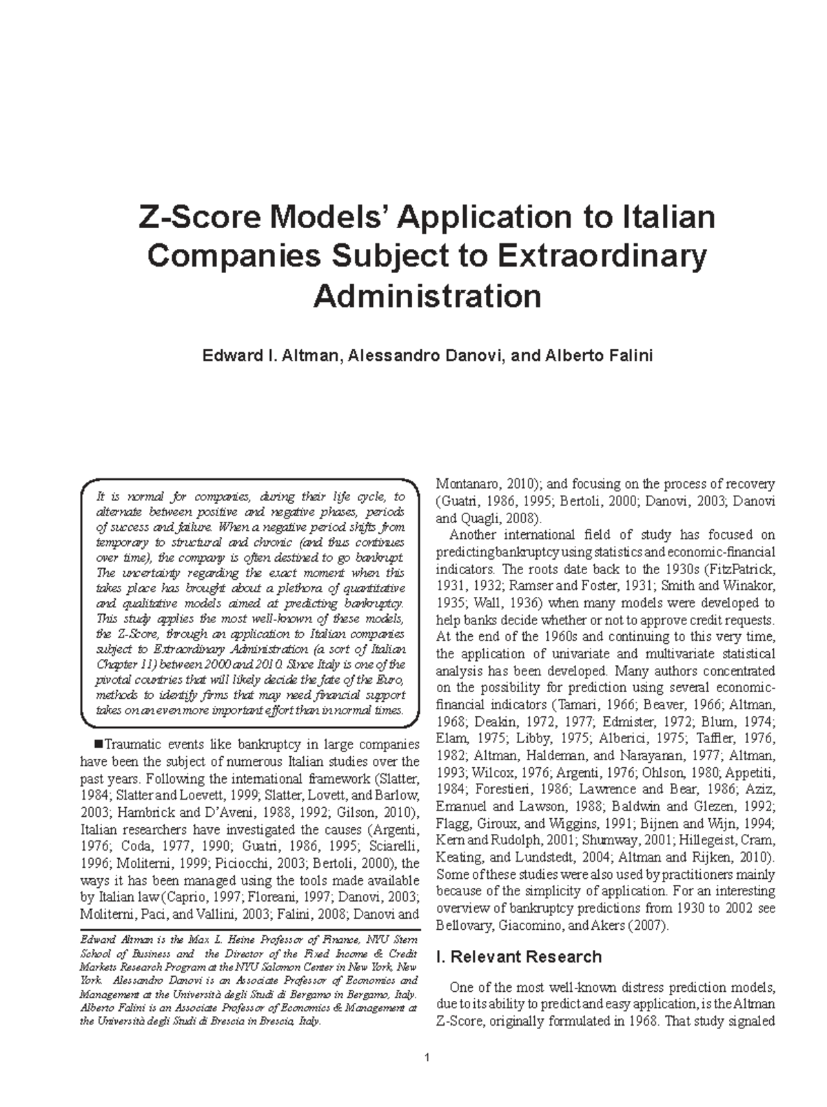 Z-Scores Application to Italian Companies Under Extraordinary ...