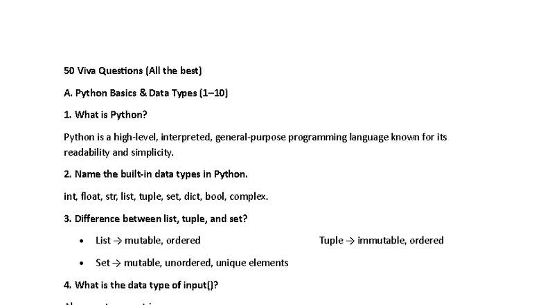 50 Python Basics Viva Questions (All the Best) - Studocu