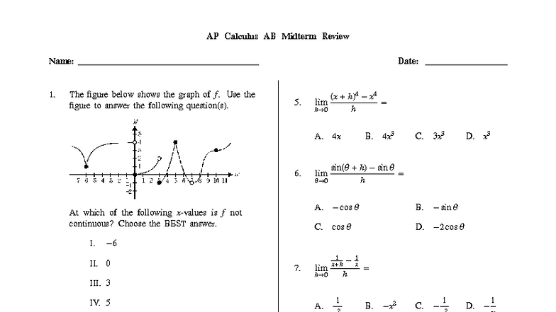 AP Calculus AB Midterm Review Practice Questions - Studocu