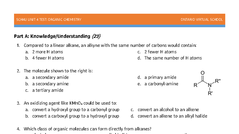 SCH4U UNIT 4 TEST: ORGANIC CHEMISTRY STUDY GUIDE - Studocu
