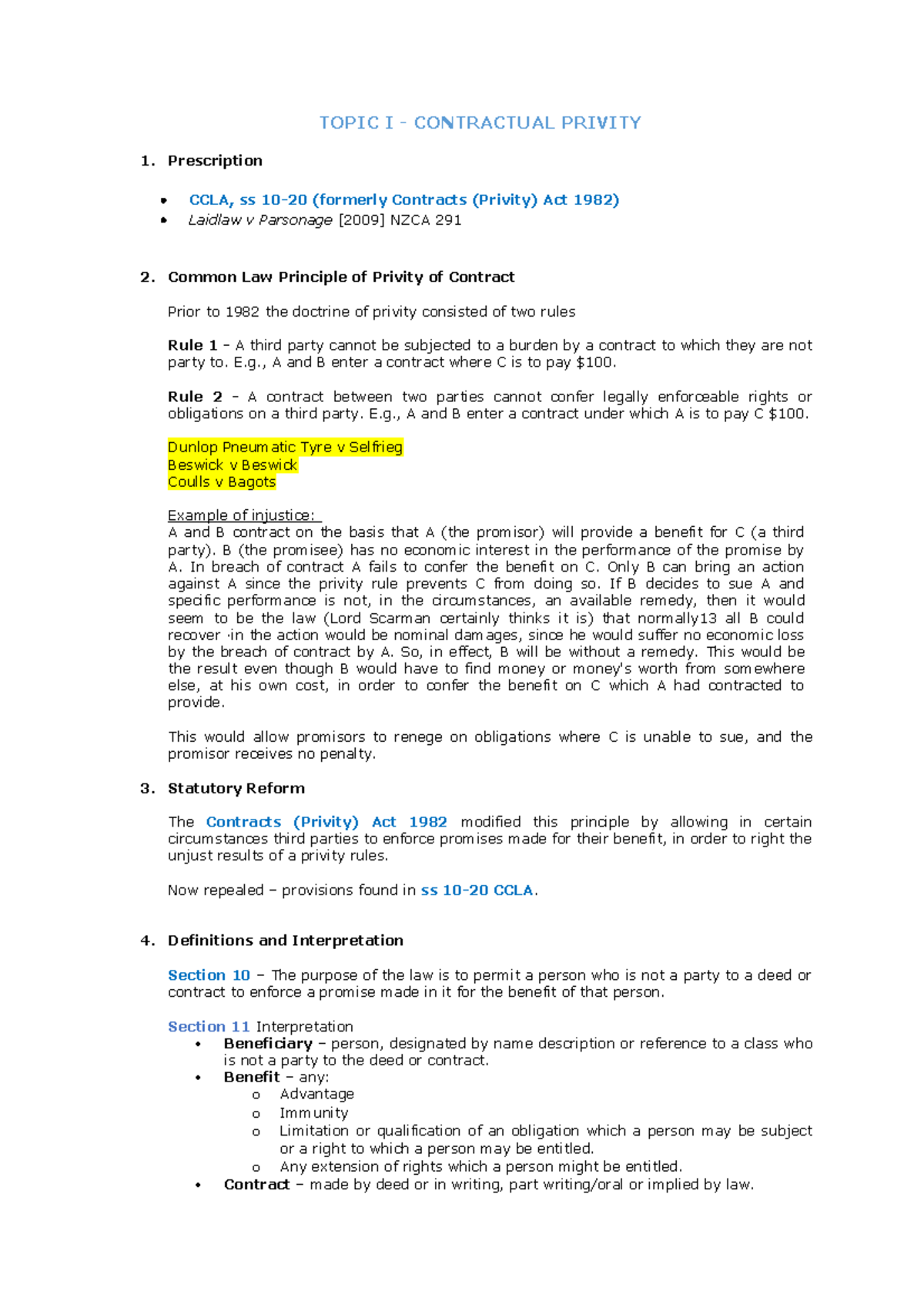 CCLA 2023: Topic 1 - Notes on Contractual Privity and its Implications ...