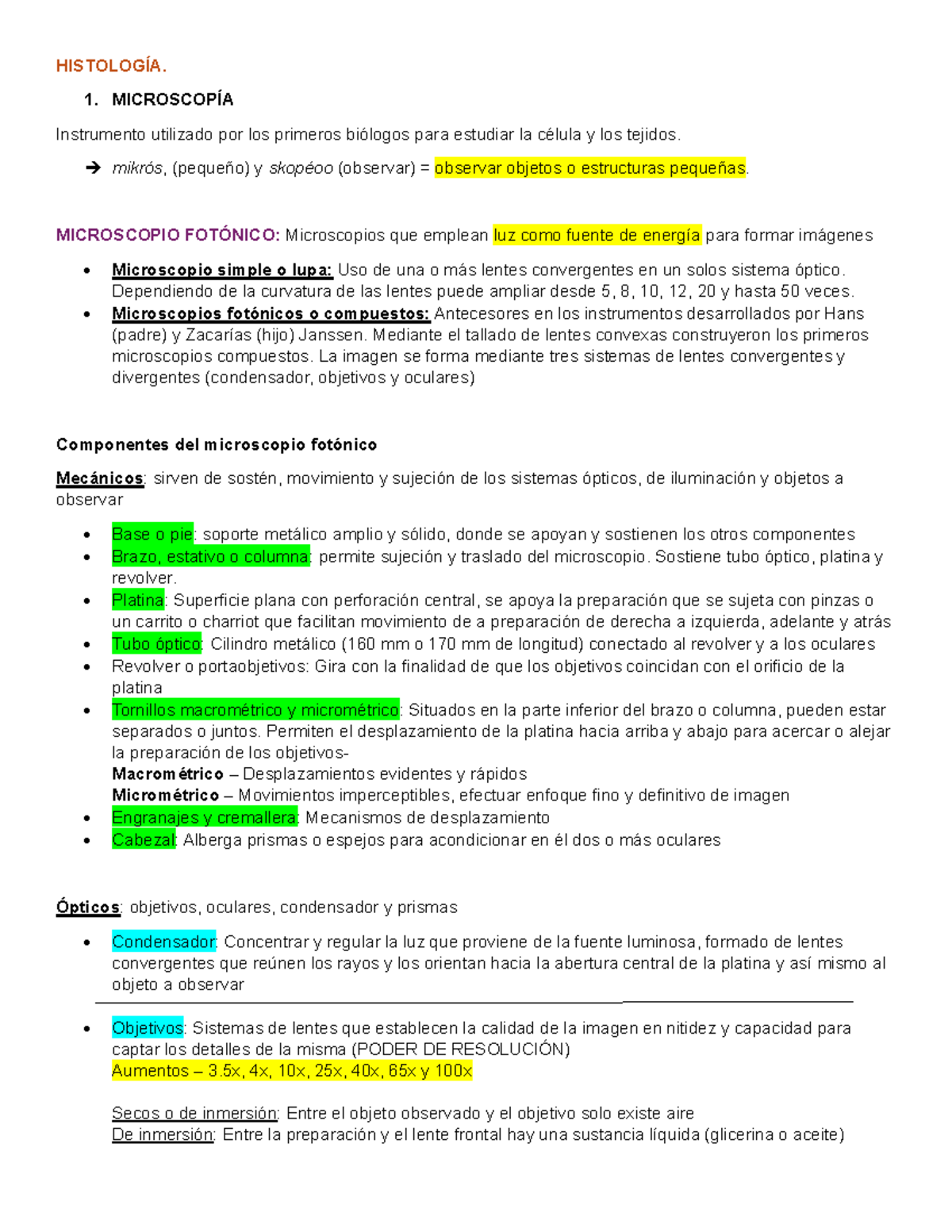 HISTOLOGÍA: Resumen de Microscopía y Componentes del Microscopio - Studocu