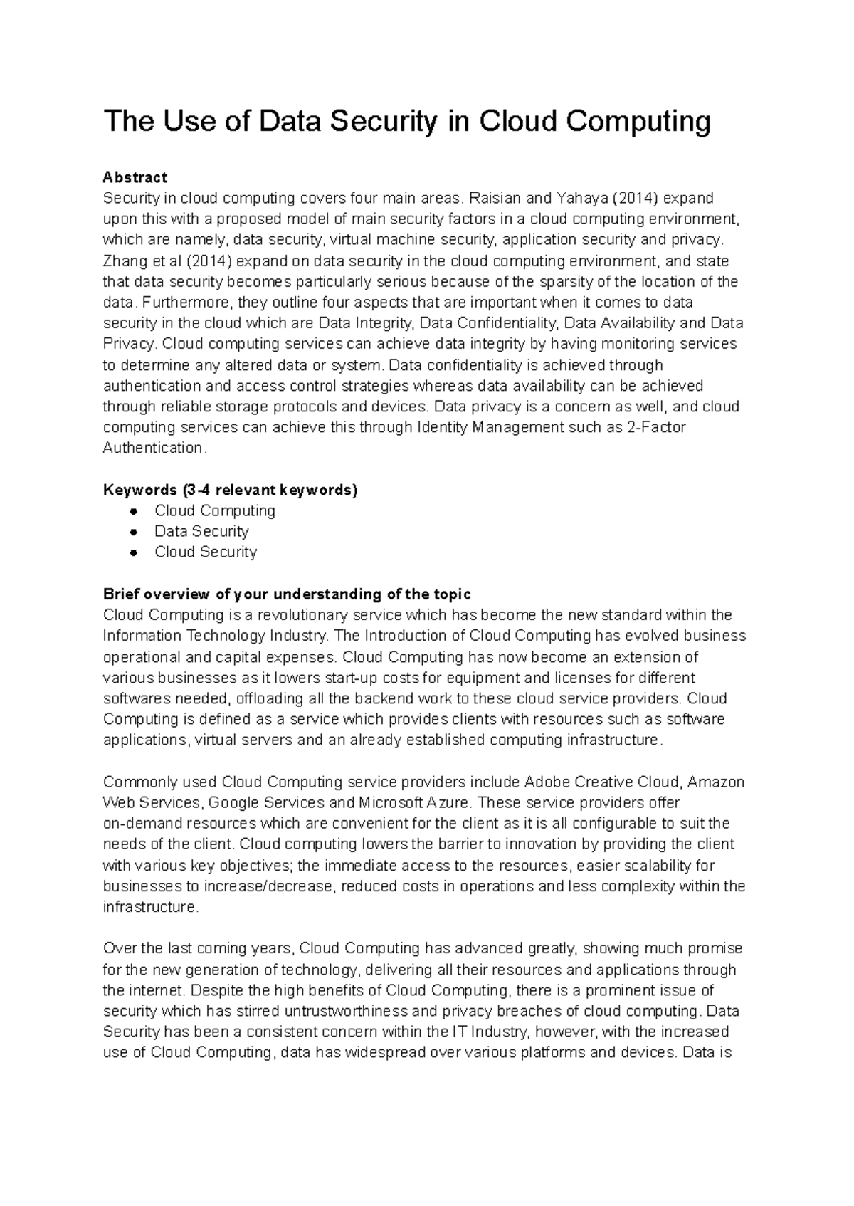 Data Security in Cloud Computing: Assessment 1 (41001) - Studocu