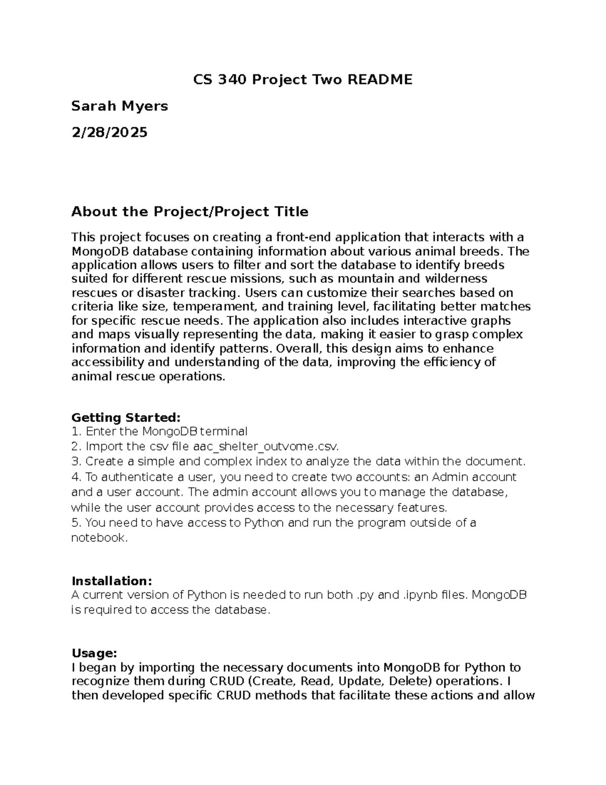CS 340 Project Two Readme - CS 340 Project Two README Sarah Myers 2/28 ...