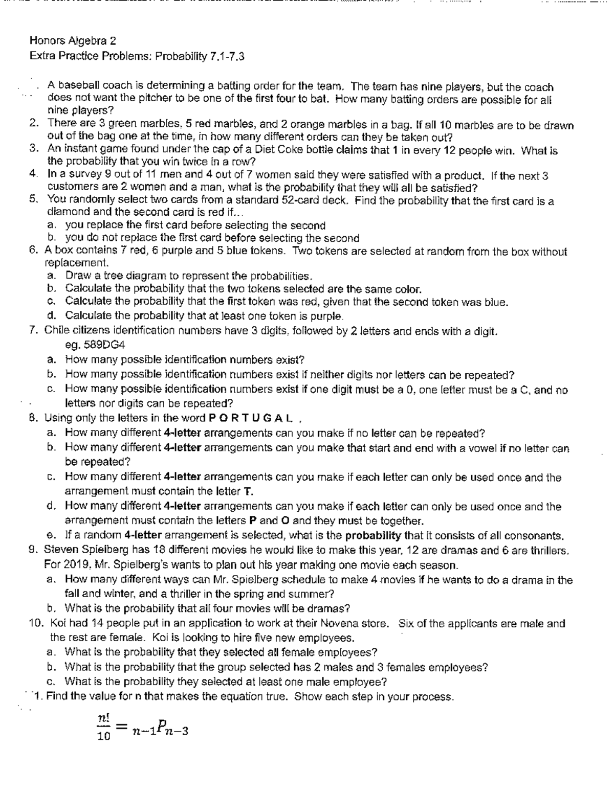Honors Algebra 2 Probability Extra Practice Problems - Studocu