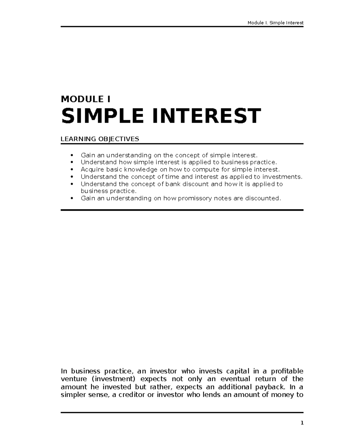 Module I Simple Interest - MODULE I SIMPLE INTEREST LEARNING OBJECTIVES ...