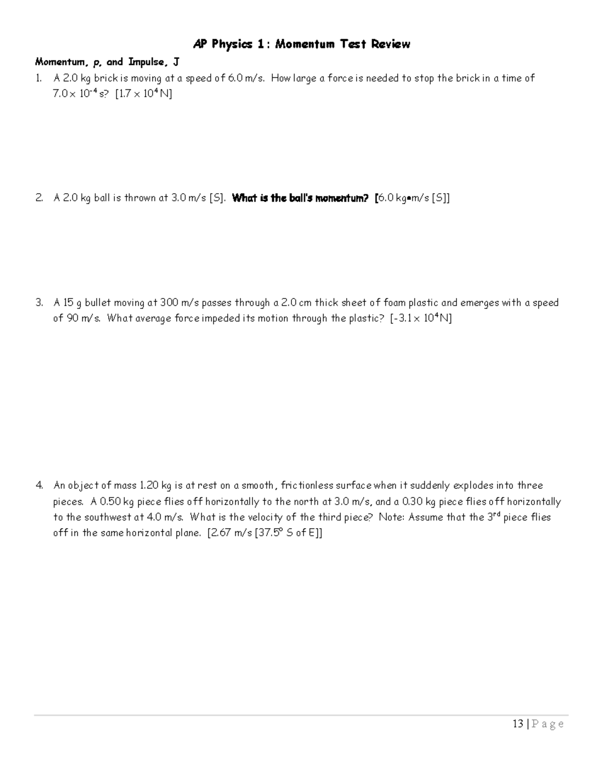 AP Physics 1: Momentum Test Review and Problem Solutions - Studocu