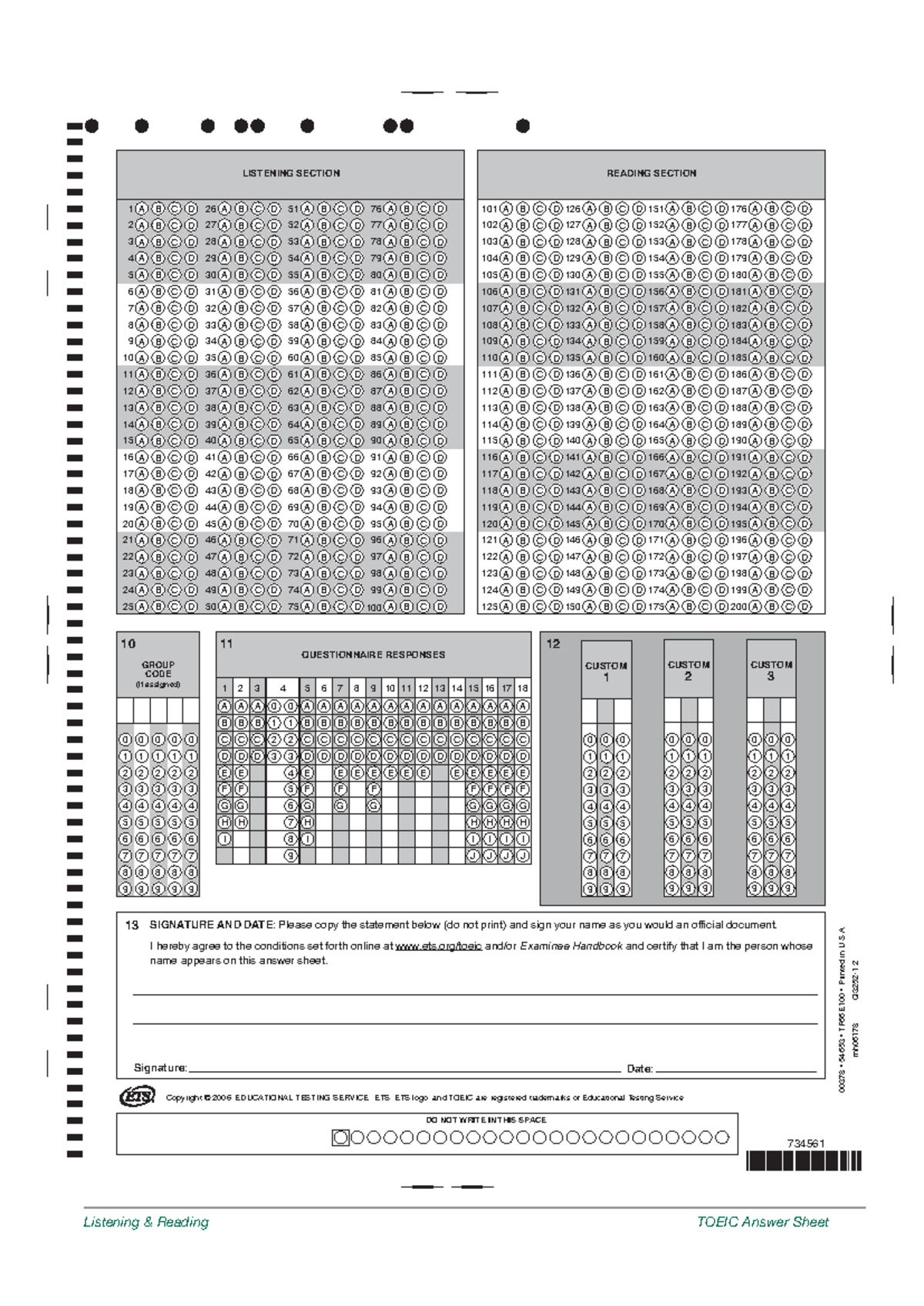 Toeic answer sheet - Listening & Reading 0 1 2 3 4 5 6 7 8 9 0 1 2 3 4 ...