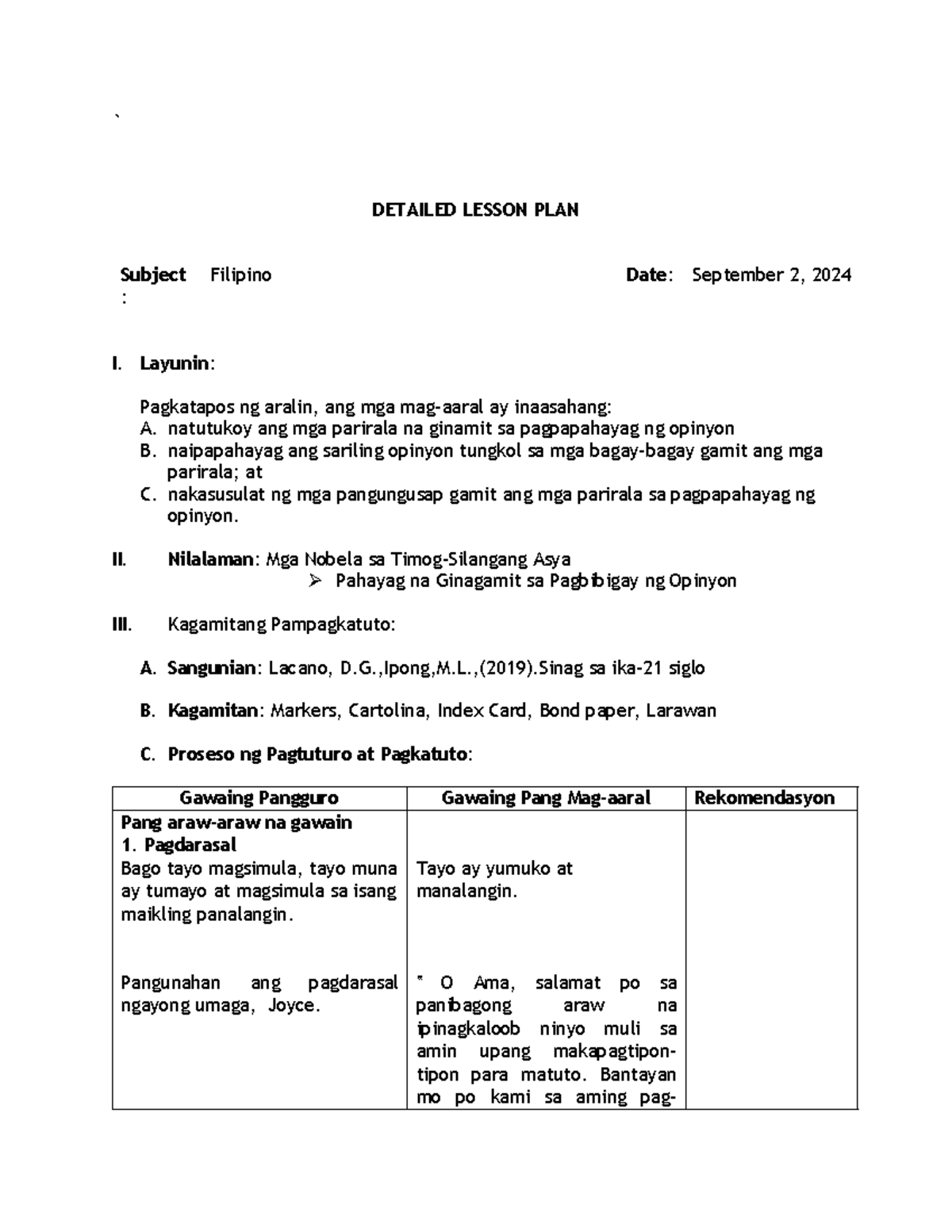 Detailed Lesson PLAN - ` DETAILED LESSON PLAN Subject : Filipino Date ...