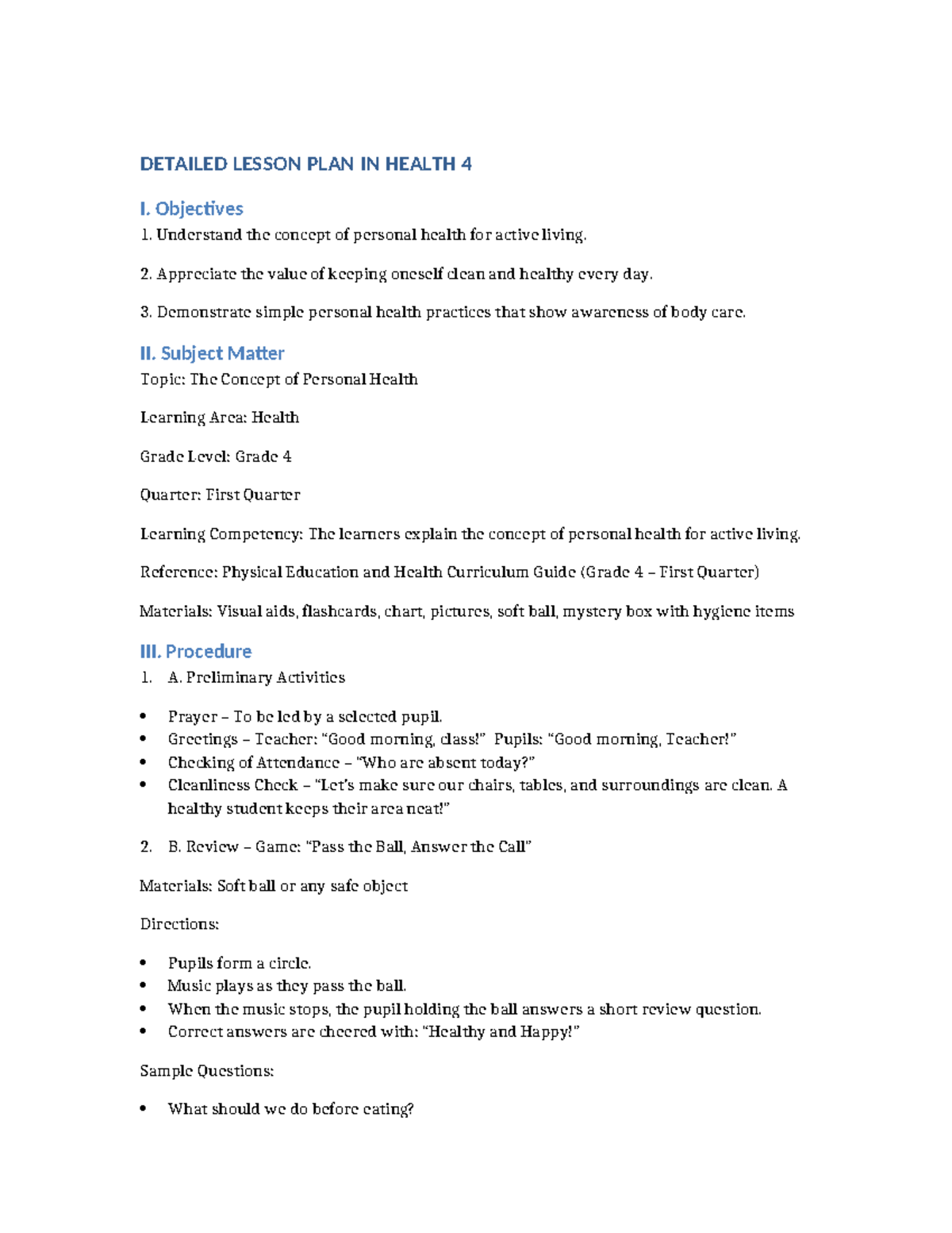 Detailed Lesson Plan: Personal Health for Grade 4 (Health 4) - Studocu