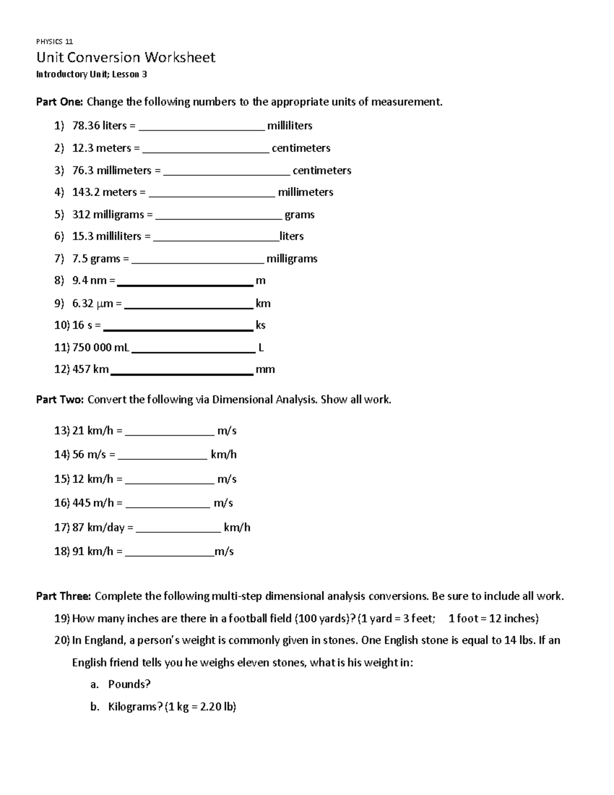 Physics Conversion Worksheet Unit Conversion Example Problems