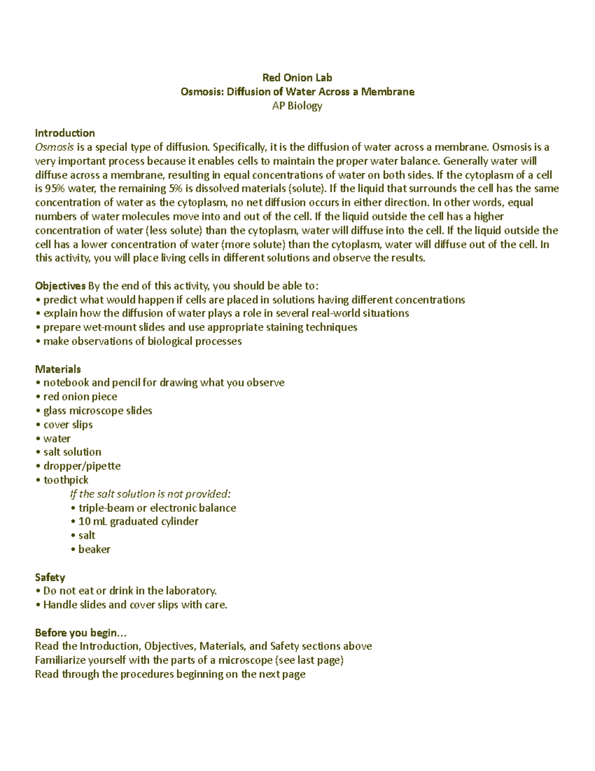 AP Biology Lab: Red Onion Osmosis Experiment and Observations - Studocu