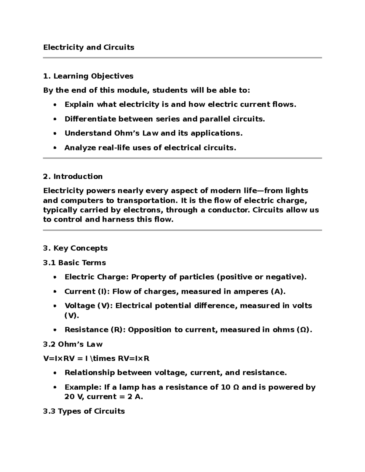 Electricity and Circuits 1: Key Concepts and Applications - Studocu