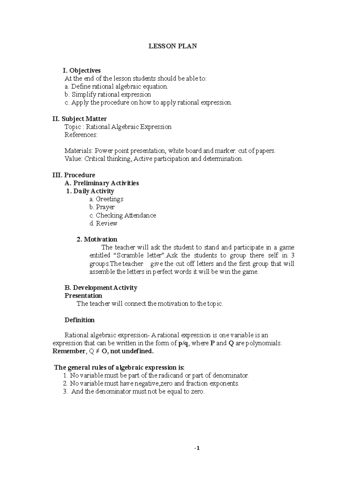 Rational Algebraic Expressions Lesson Plan (BSed Math 3 A) - Studocu