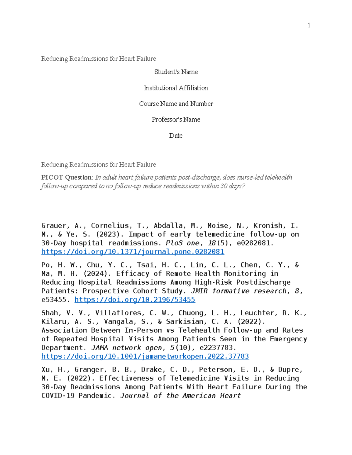 Reducing Heart Failure Readmissions: Telehealth Impact Analysis (NUR ...
