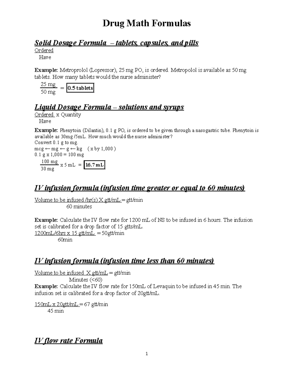 Drug Math Formulas - Practice Questions for Nursing Calculations - Studocu