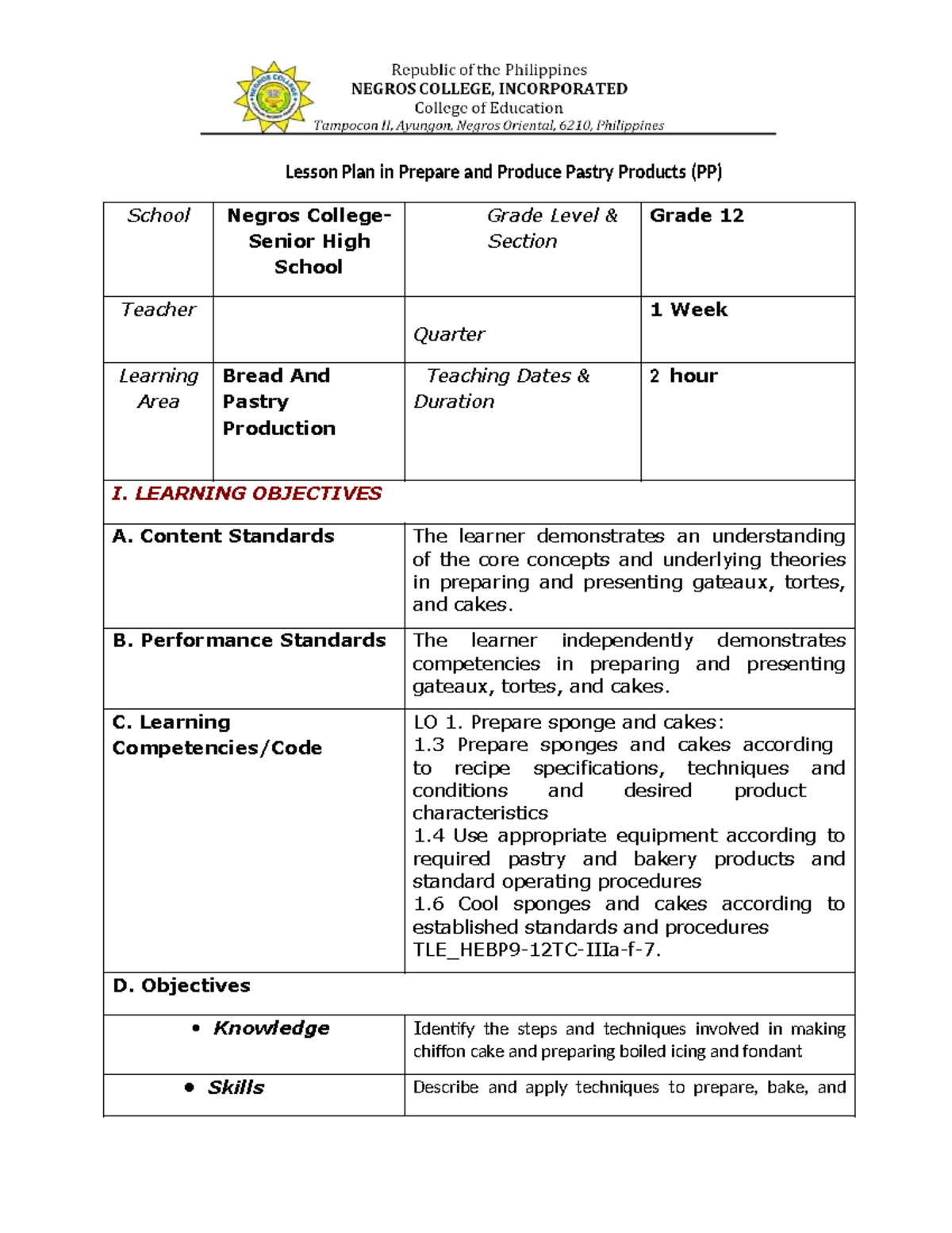 Chiffon Cake Lesson Plan (TLE_HEBP9-12TC-IIIa-f-7) for Grade 12 - Studocu