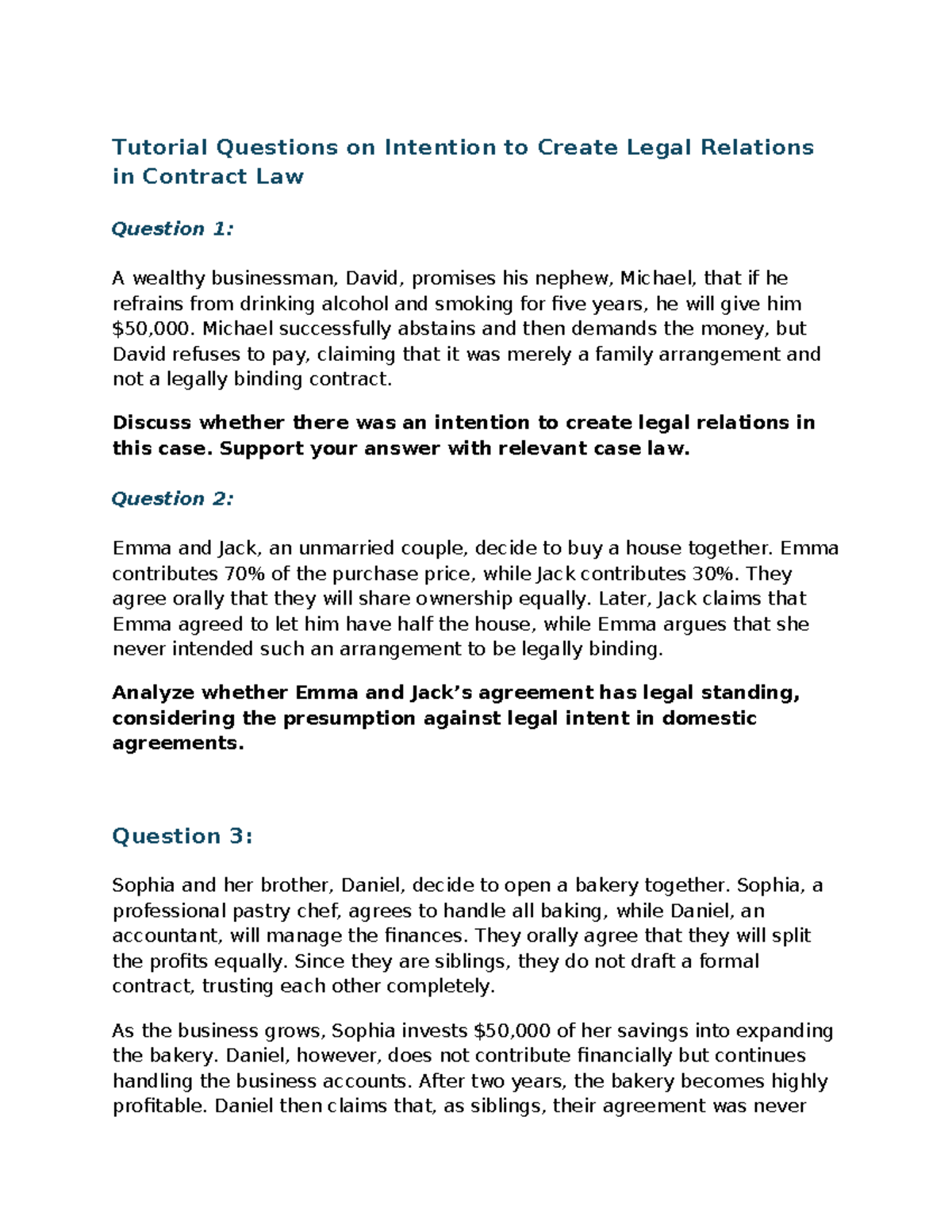 Tutorial 2 Intention to create Legal Relations - Tutorial Questions on ...