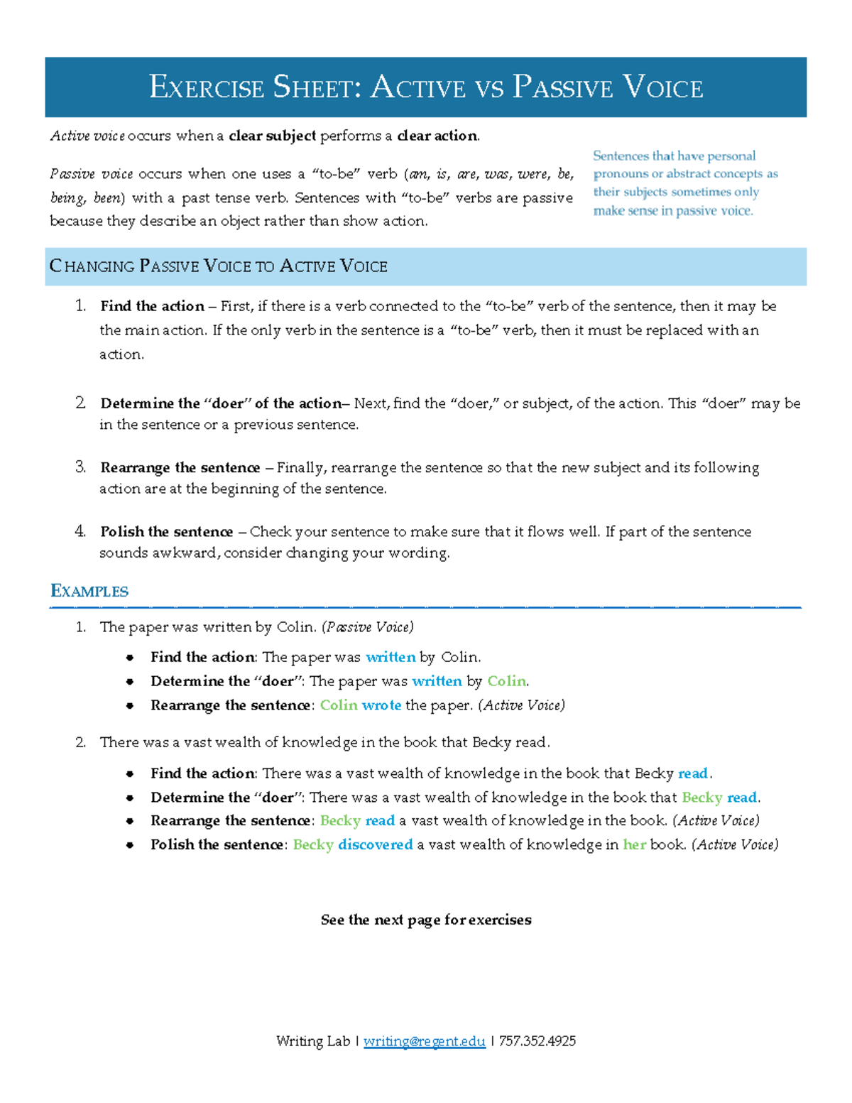 Regent Writing Lab: Active vs Passive Voice Exercise Sheet - Studocu