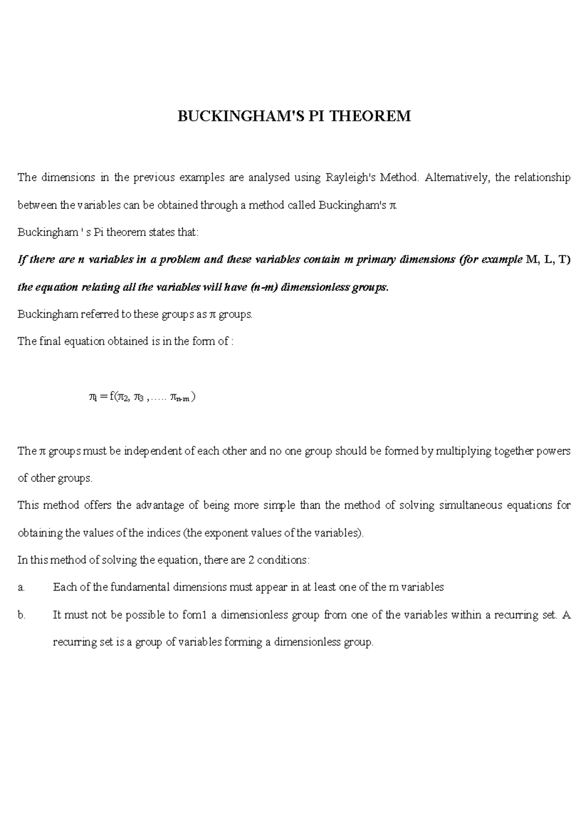 Buckingham's Pi Theorem: Dimensional Analysis in Fluid Mechanics - Studocu
