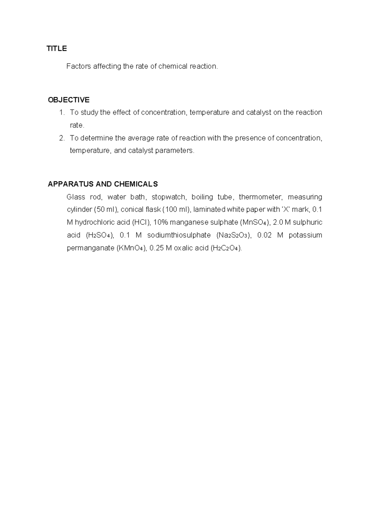 Lab Report - Factors Influencing Reaction Rate: Concentration, Temp ...