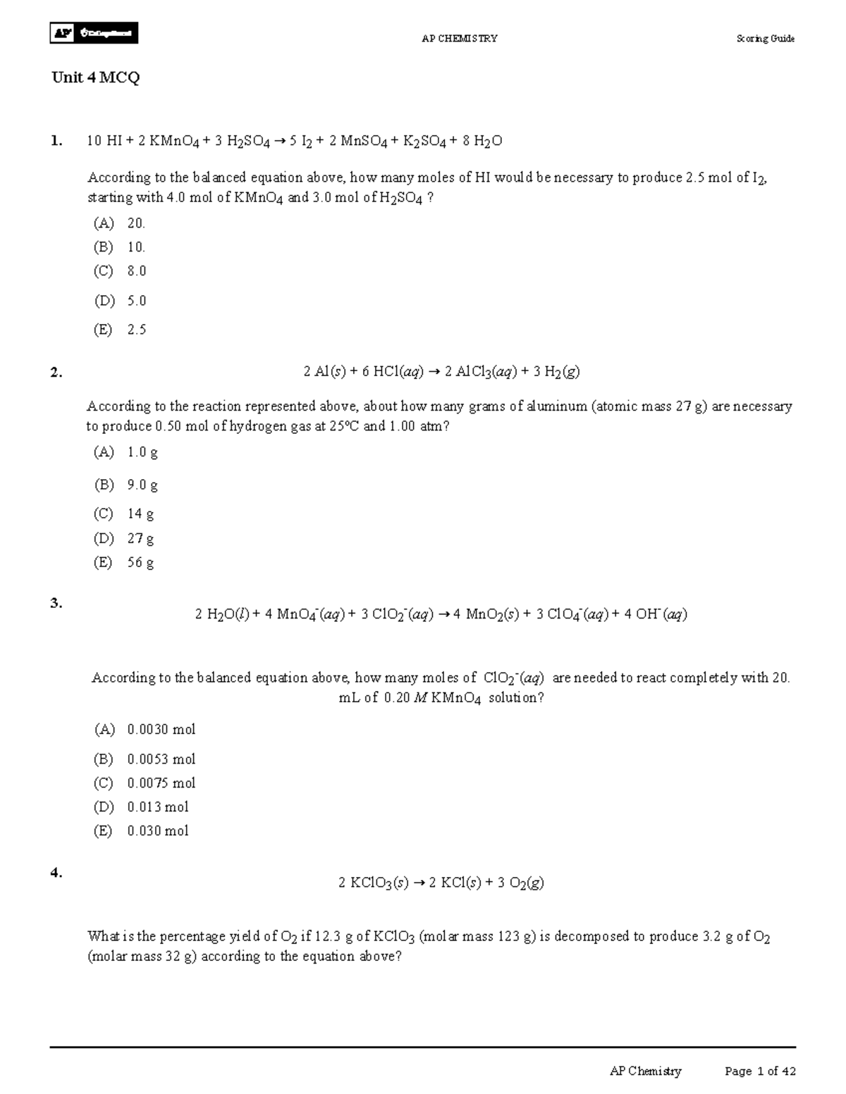 AP CHEMISTRY Unit 4 MCQ Scoring Guide and Solutions - Studocu