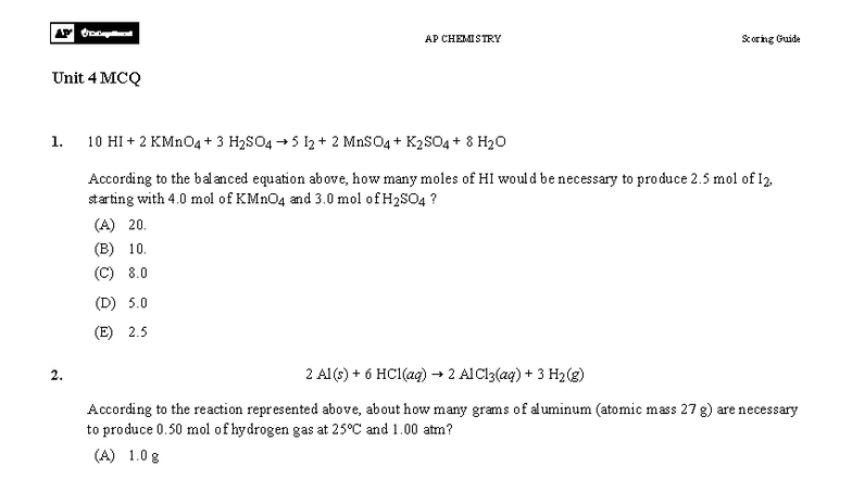 AP CHEMISTRY Unit 4 MCQ Scoring Guide and Solutions - Studocu