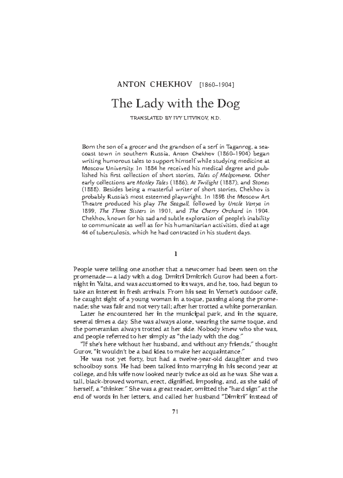 Chekhov's The Lady with the Dog: A Study of Love and Deception (33171 ...