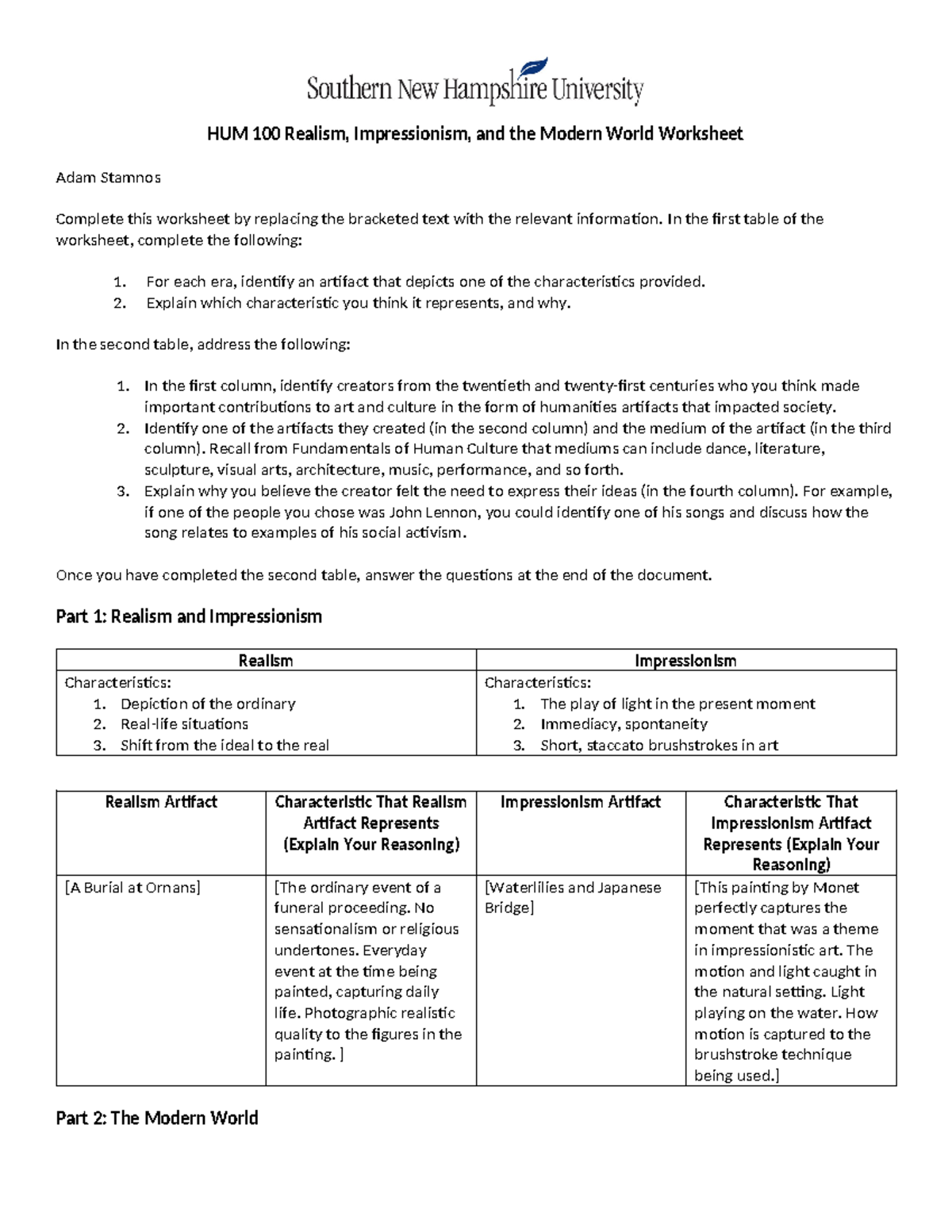 HUM 100 Final Worksheet: Realism, Impressionism, & Modern Art - Studocu