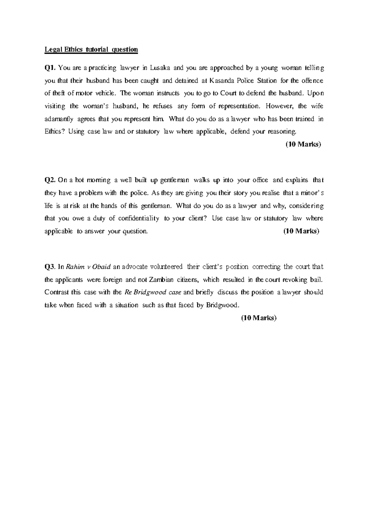Legal Ethics Tutorial Questions: Q1-Q3 Analysis and Case Law - Studocu