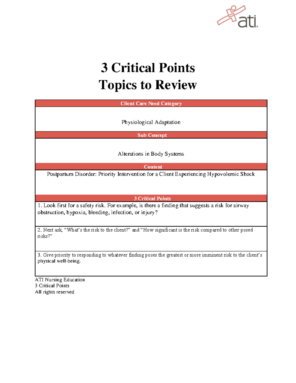 ATI 3 Critical Points Worksheet: Nursing Care for Hypovolemic Shock ...