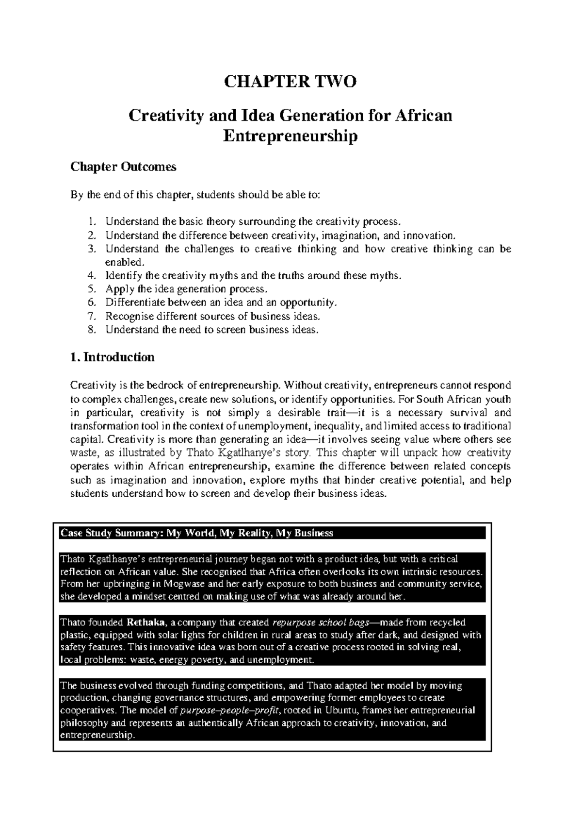 CHAPTER TWO: Creativity & Idea Generation in African Entrepreneurship - Studocu