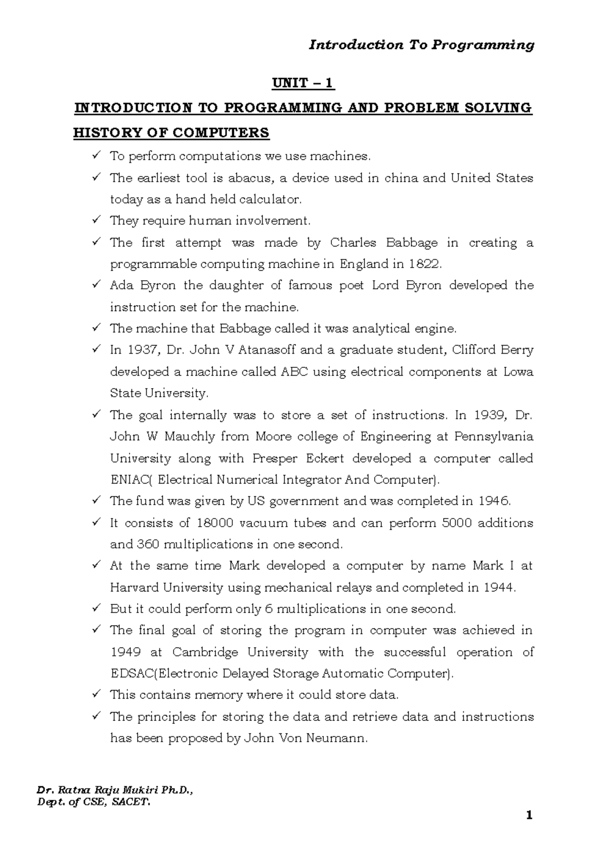 UNIT 1: Introduction to Programming & Problem Solving Overview - Studocu