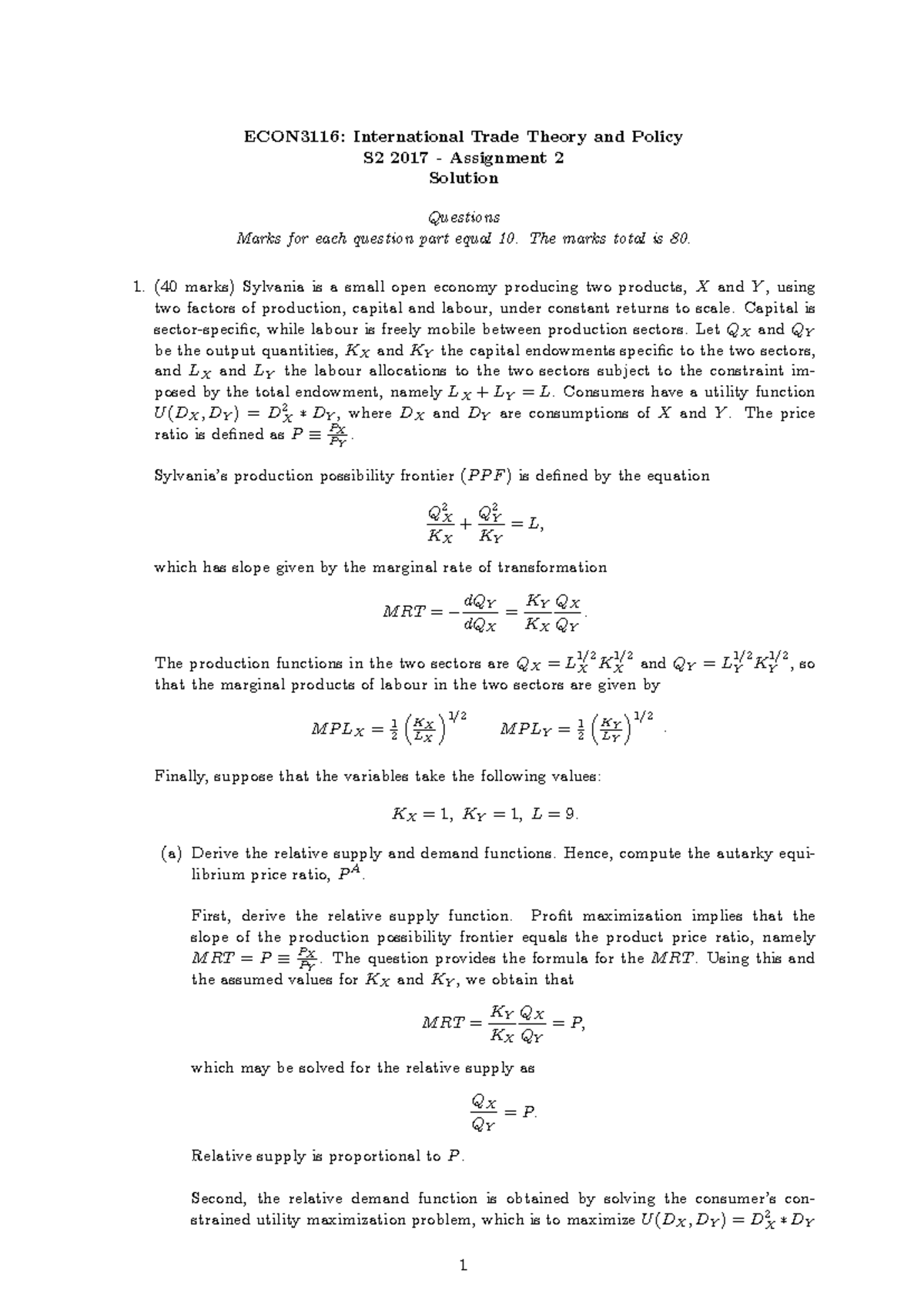 Assignment 2 Solution - ECON3116: International Trade Theory and Policy ...