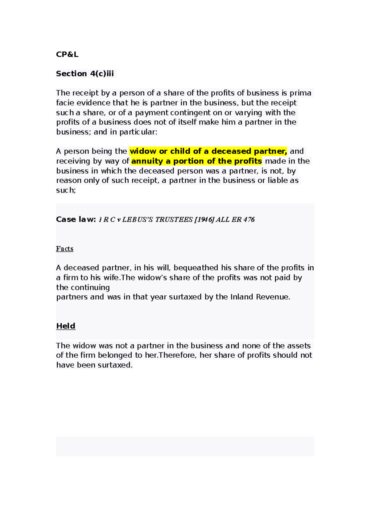 CPL - Case Study on Profit Sharing and Partnership Rights - Studocu