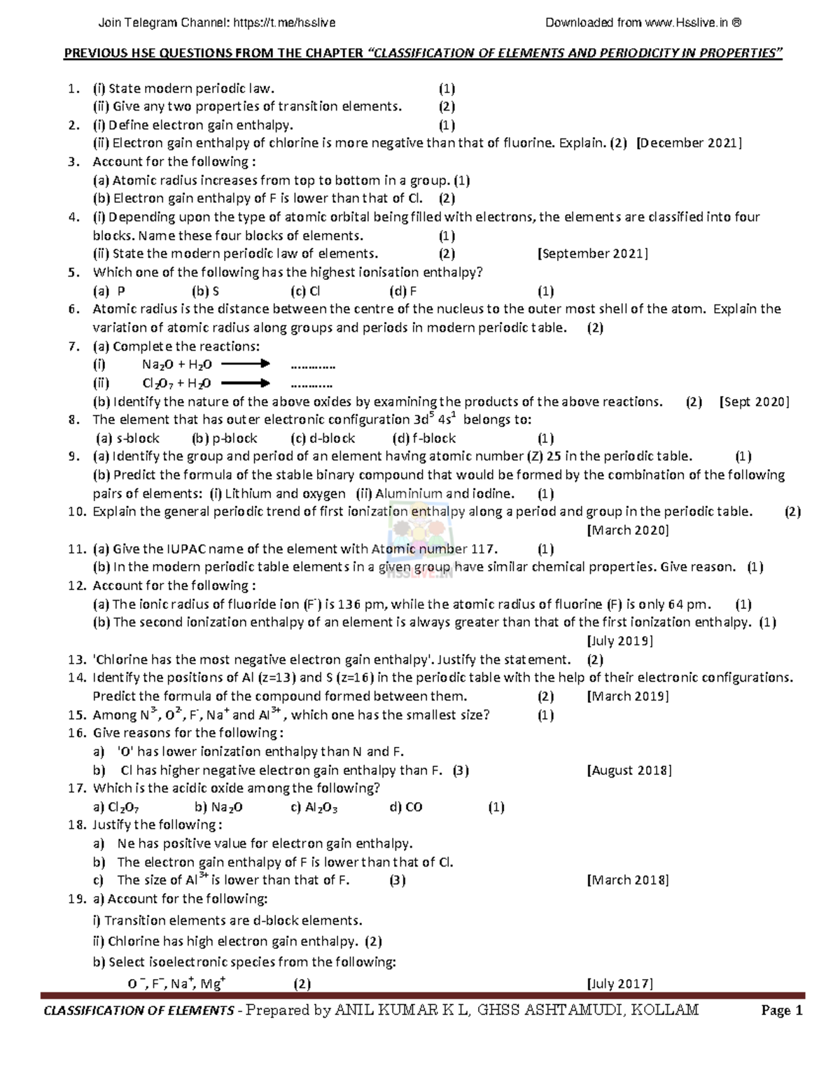 HSSLIVE XI Chemistry Quiz Chapter 3: Classification of Elements - Studocu