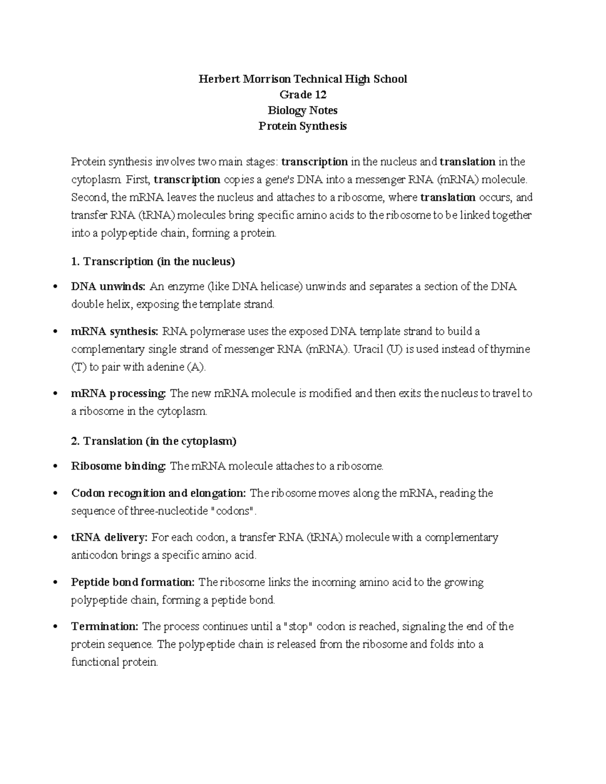 Grade 12 Biology: Unit 1 Protein Synthesis Notes - Studocu
