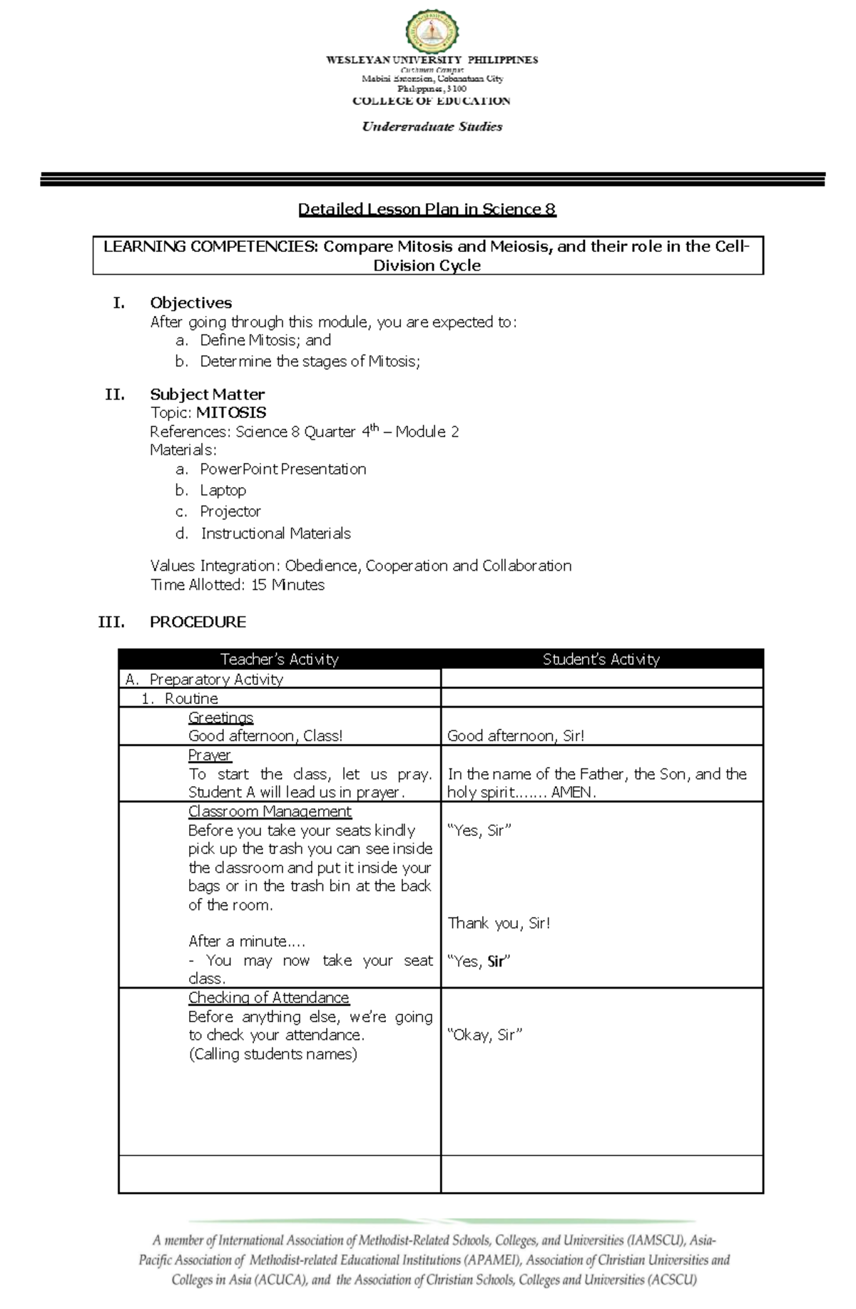 Detailed Lesson Plan on Mitosis for Science 8 (EDUC 4) - Studocu