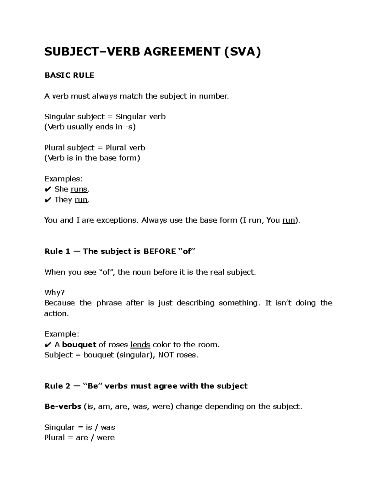 Subject-Verb Agreement (SVA) Rules and Examples - Study Guide - Studocu