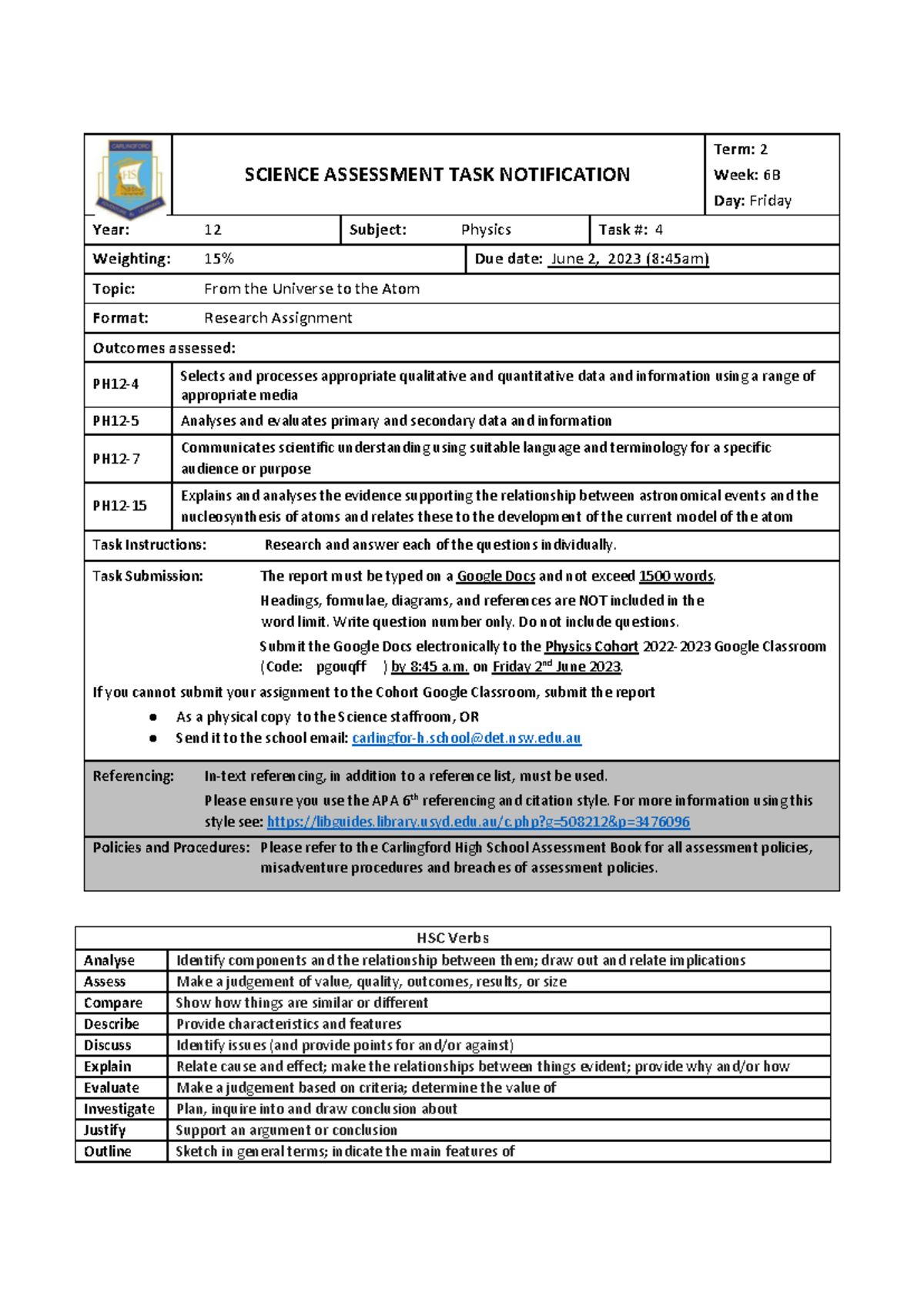 12PHY 2023 Research Task - Notification and Questions - SCIENCE ...