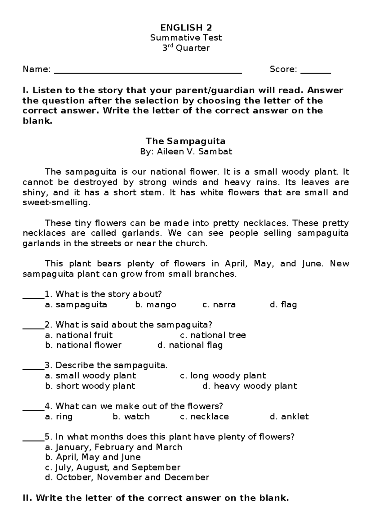 English 2 Summative TEST Q3 - ENGLISH 2 Summative Test 3 rd Quarter ...