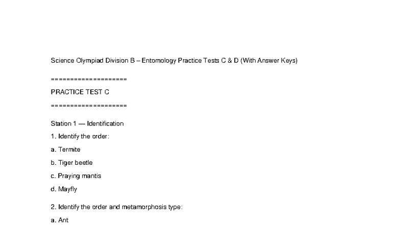 Entomology Practice Tests C & D (Science Olympiad Div B) - Studocu