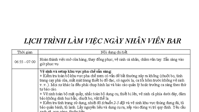 Quy trình Làm Việc Nhân Viên Bar - Hướng Dẫn Chi Tiết - Studocu