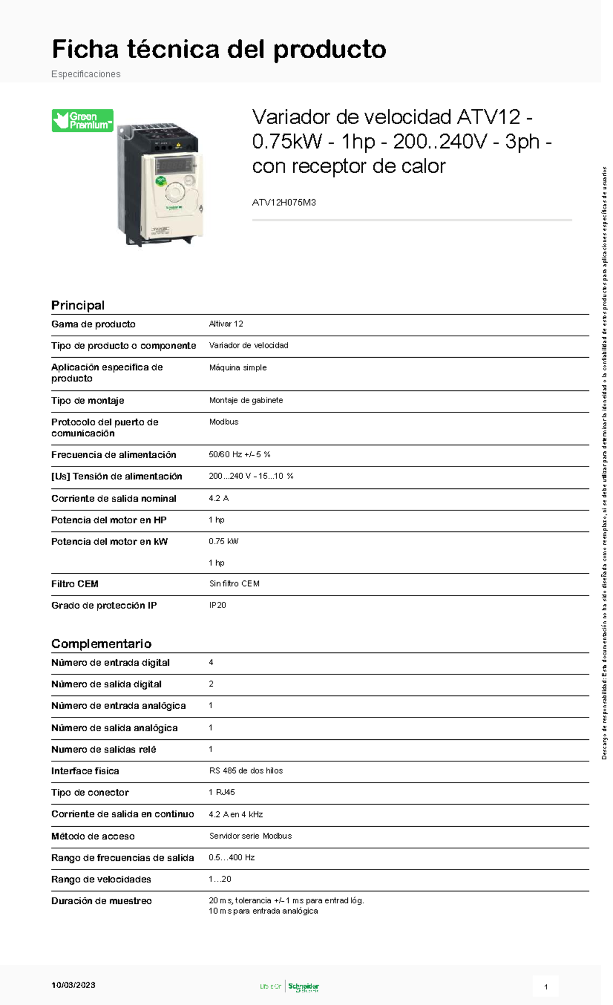Ficha técnica del variador de velocidad Altivar 12 ATV12H075M3 - Studocu