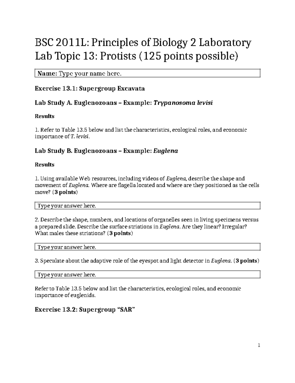 Bsc2011 l topic 13 lab report template - BSC 2011L: Principles of ...