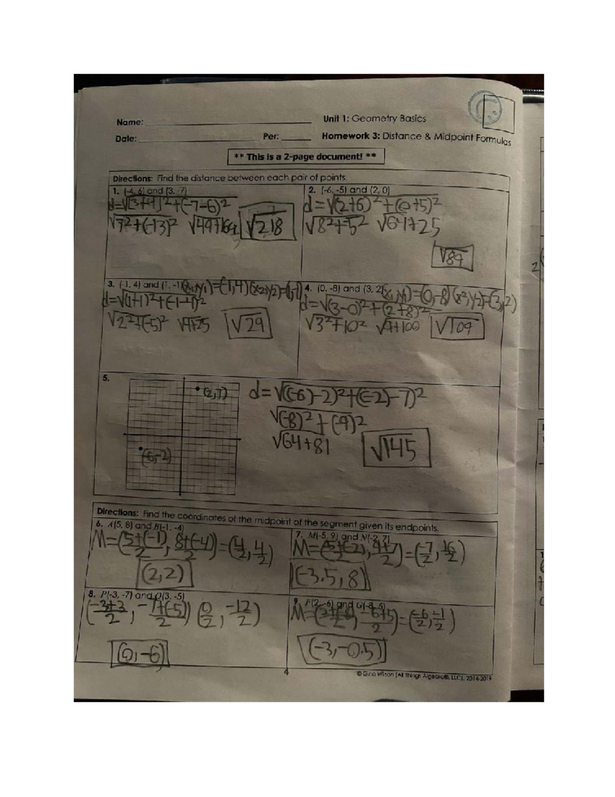 Unit 1: Geometry Basics - Homework 3: Distance & Midpoint Formulas ...